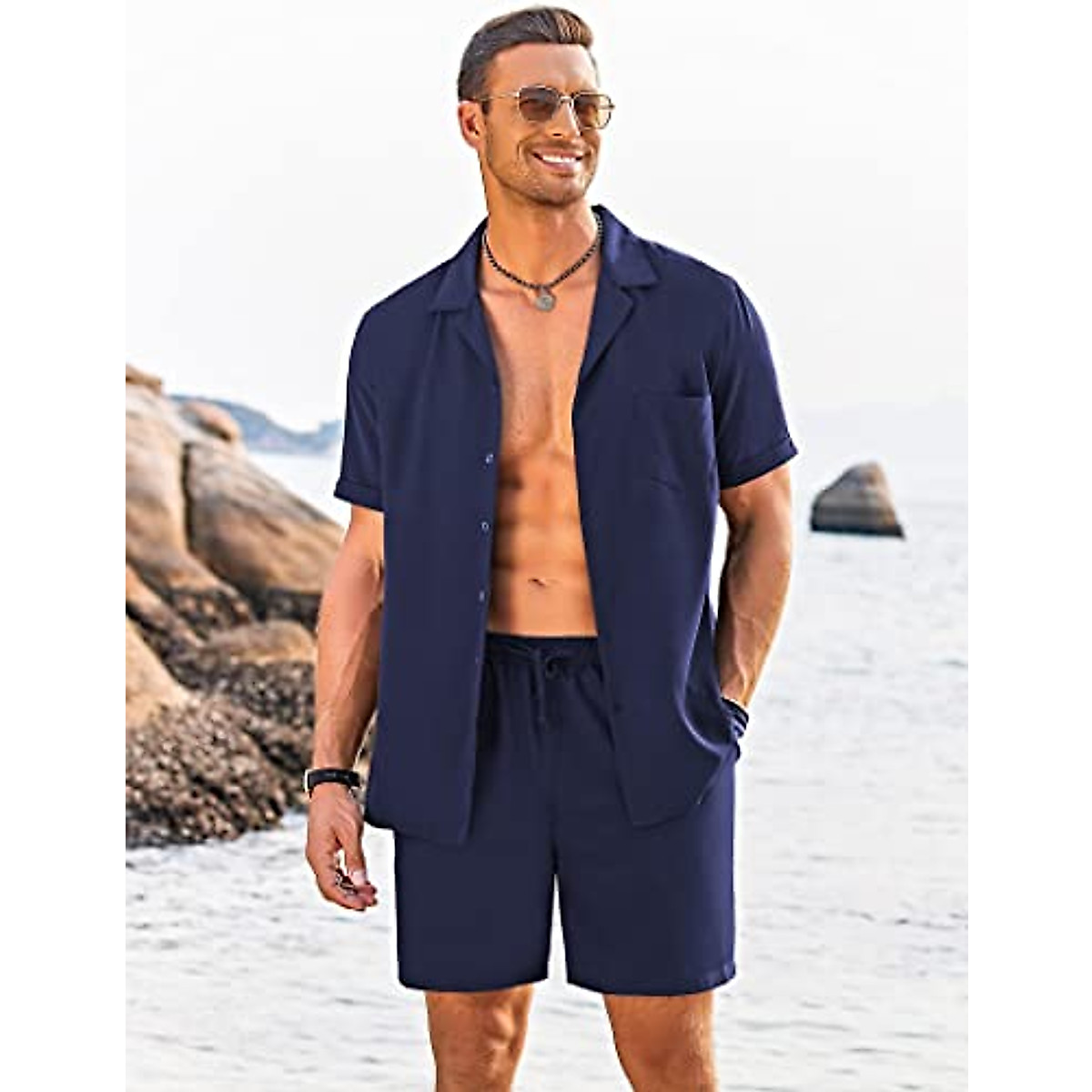 COOFANDY Men's 2 Pieces Shirt Set Short Sleeve Button Down Casual Hippie Holiday Beach T-Shirts Shorts Outfits (Navy Blue, Large)