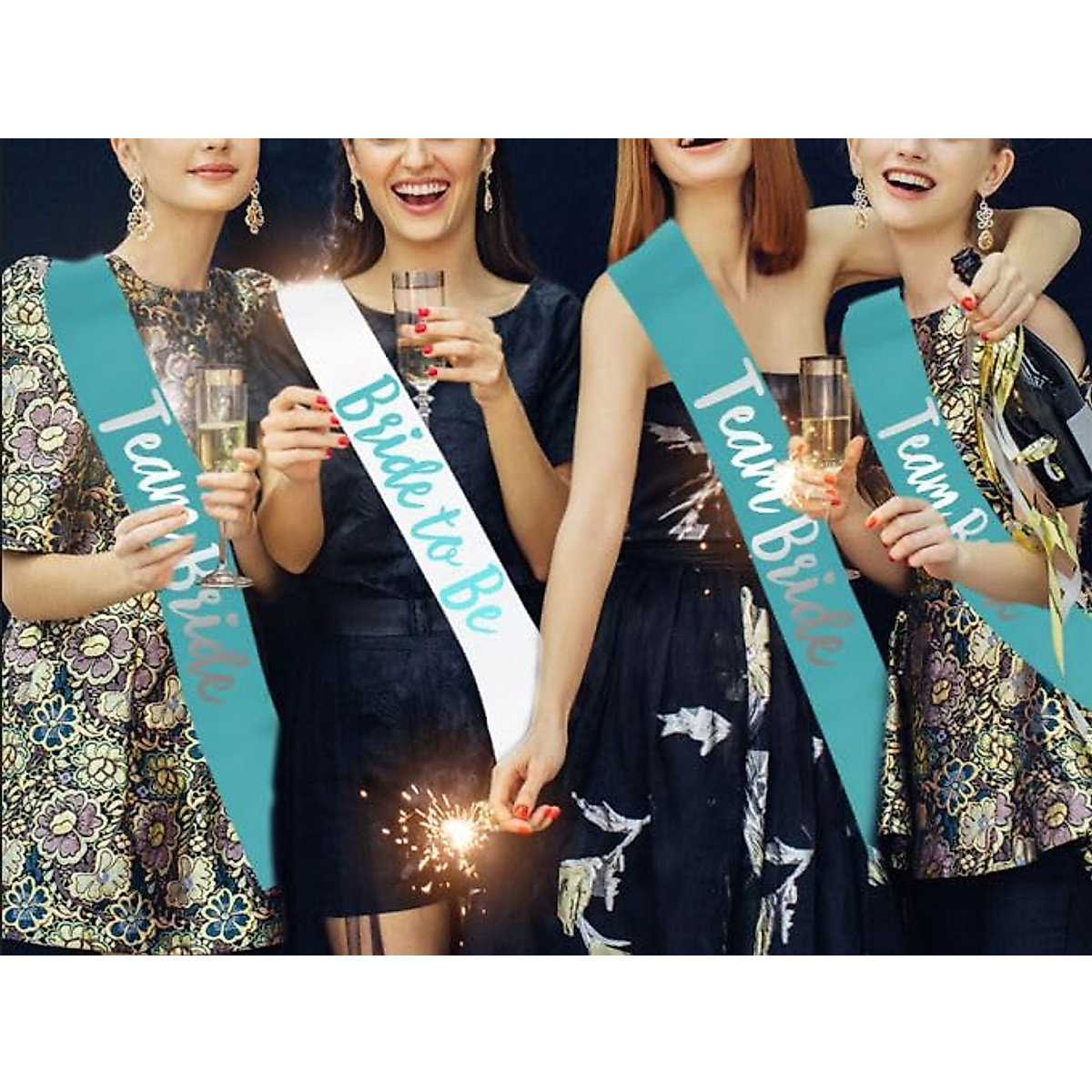 GDTO8820 Team Bride 7pc Satin Sash Set - Sophisticated & Fun Party Favors for Bachelorette Party, Bridal Shower & Wedding Party (7pc Set, White & Light Blue)