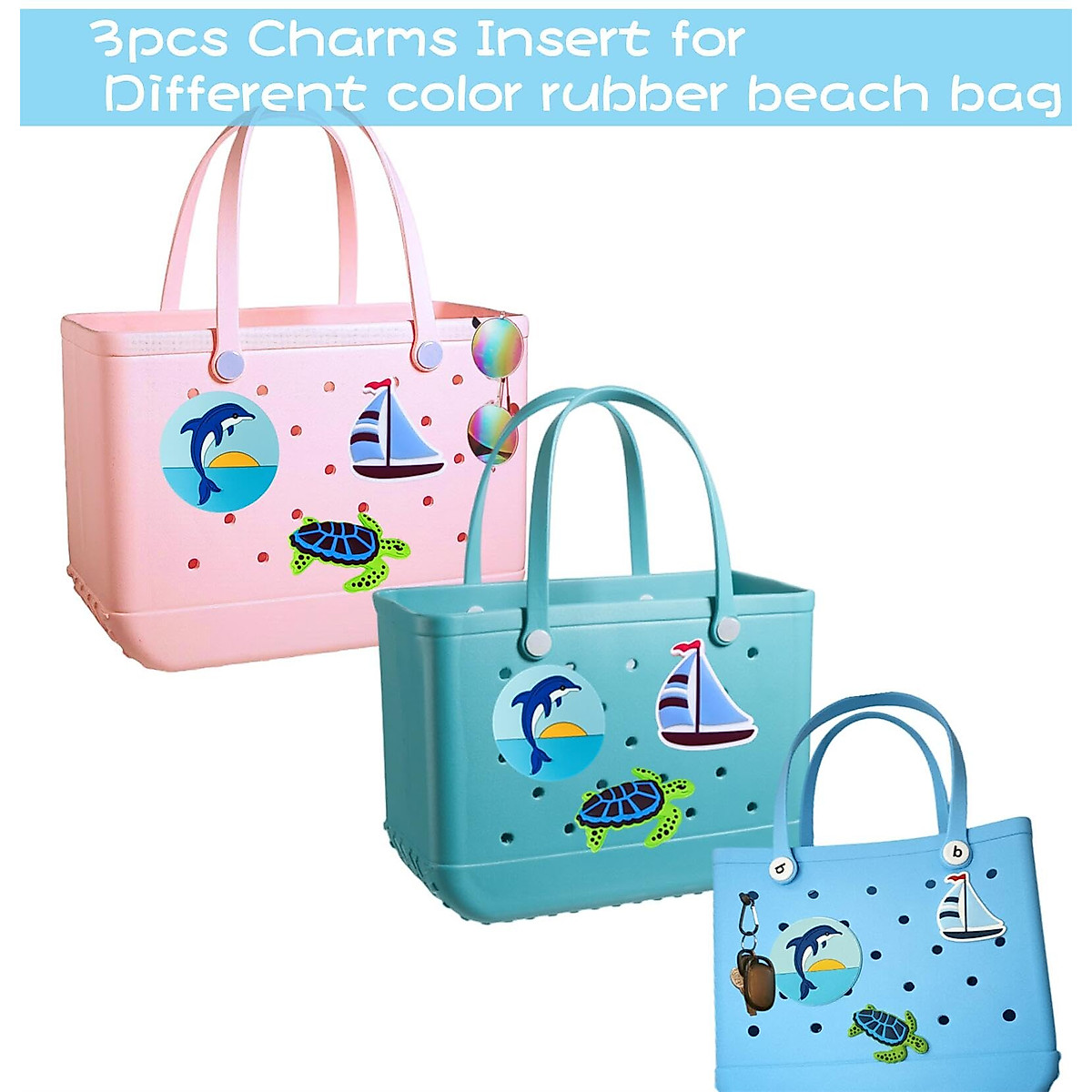 Lovyit Charm Accessories for Bogg Bag - Rubber Beach Bag Accessories Charm Insert, 3pcs Flowers Dolphin Beach Totes Charm Decoration Insert for Simply Southern Beach Totes Bag (3pcs, Dophlin+Sail)