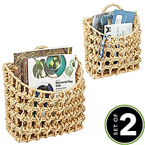 mDesign Woven Hyacinth Hanging Wall Mount Storage Organizer Basket - Rustic Hangable Mounted Market Baskets for Kitchen, Bathroom, Shelf - Holds Floral, Food, and Mail - Set of 2 - Natural/Tan