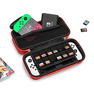 tomtoc Carrying Case for Nintendo SwitchOLED Model, Large Travel Switch Case with Pocket for Pro Controller, Joycon Grip or AC Adapter, Protective Portable Carry Case with 24 Game Cartridges,