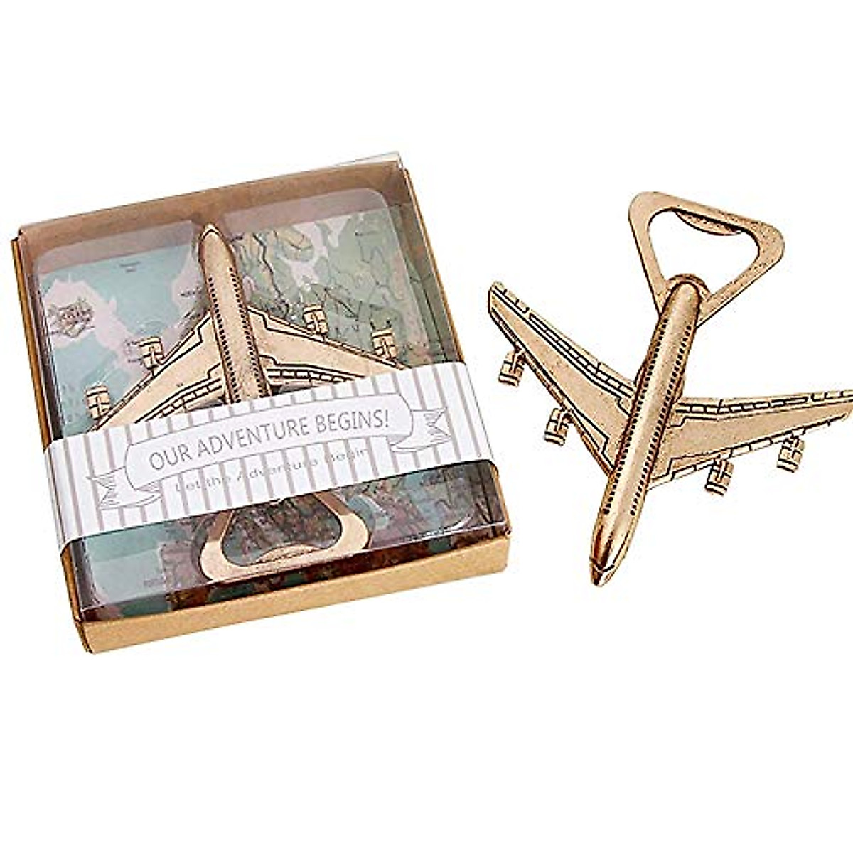 Youkwer 16 PCS Skeleton Airplane Bottle Opener with “OUR ADVENTURE BEGINS”Exquisite Packaging for Wedding Party Favors & Decorations (Dark Gold)