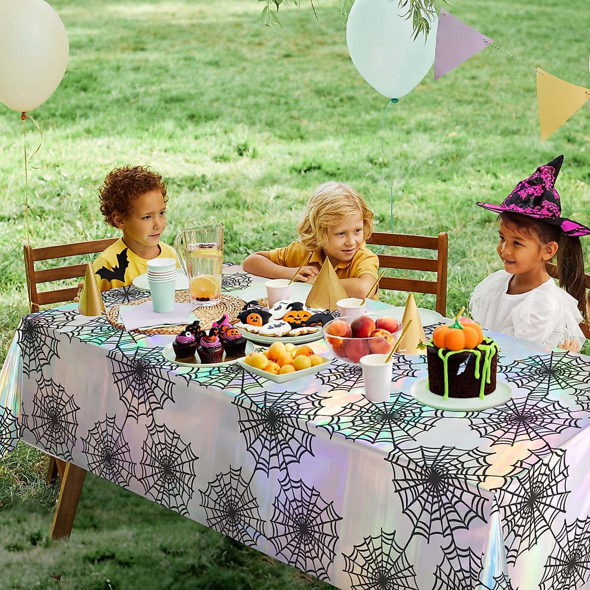 Cheerland Halloween Tablecloth Iridescent Spiderweb Holographic Disposable Foil Table Cover for Birthday Bachelorette Halloween Party Supplies - Pack of 2