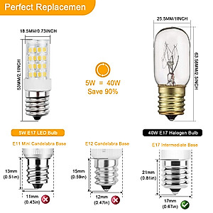 E17 LED Bulb 5W LED Microwave Light Bulb Over Stove Appliance Replacement 40W Halogen for Range Hood, Refrigerator, 120V 450LM, Daylight White 6000K, E17 Intermediate Base, Non-Dimmable, 2 Pack