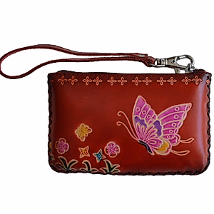 BPLeathercraft Leather Change Purse, handmade Wallet, Rectangle,A Flying Butterfly and Flower (Red-1)