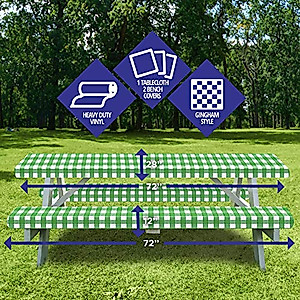 Sorfey Vinyl Picnic Table and Bench Fitted Tablecloth Cover, Checkered Design, Flannel Backed Lining, 28 x 72 Inch, 3-Piece Set, Green