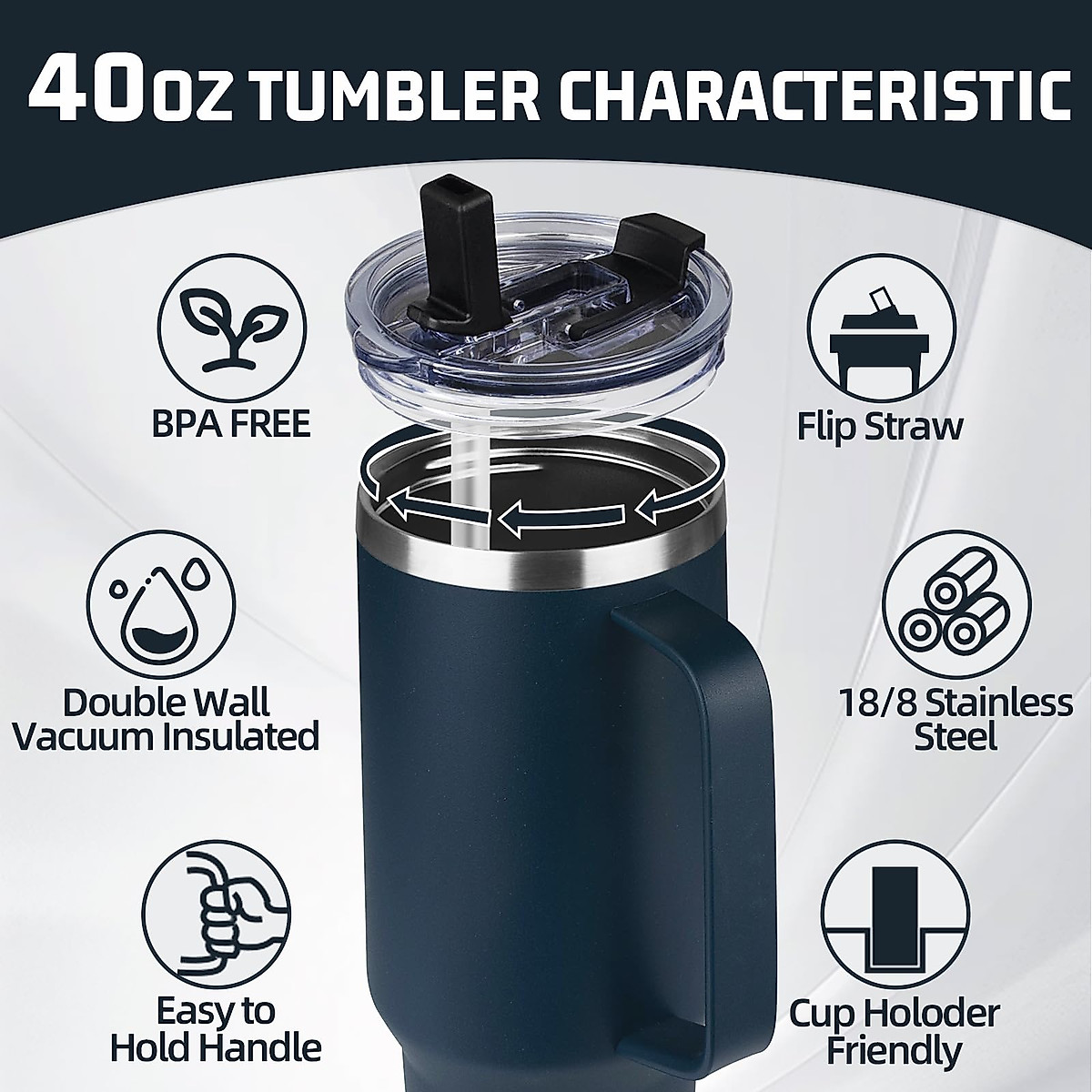 40 oz Tumbler with Handle and Flip Straw, 100% Leakproof Insulated Tumbler with Lid and Straw, Stainless Steel Insulated Travel Coffee Mug, Insulated Coffee Thermal Cup for Cold and Hot (Deep Blue)