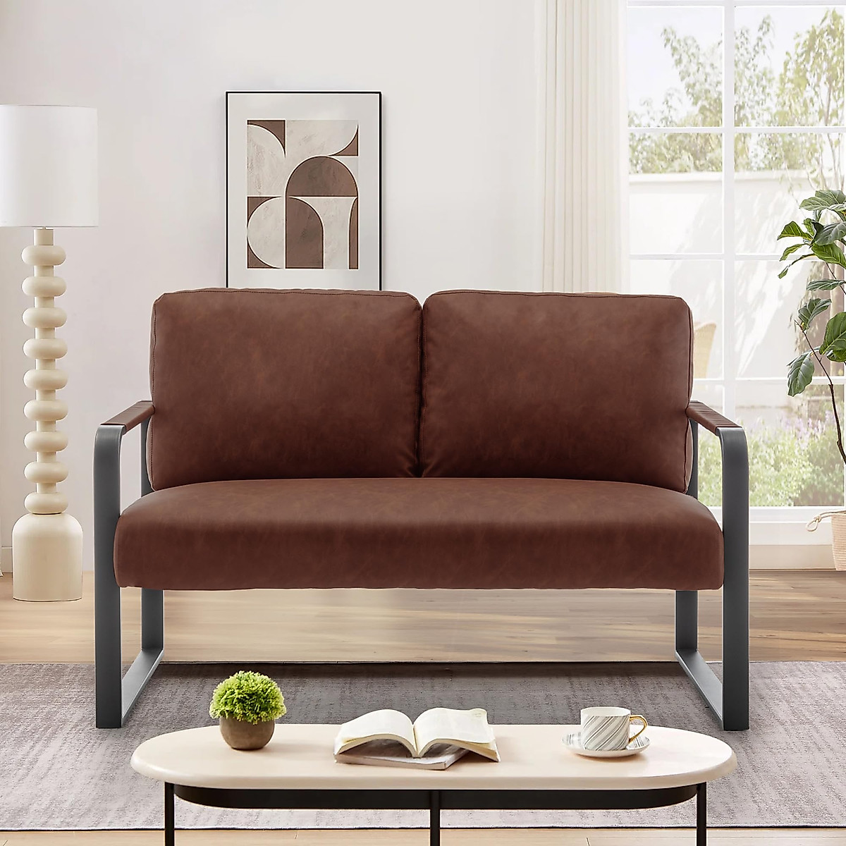 HAOBO Home Loveseat Couch Bench Settee for Living Room, Upholstered Small Sofa Couch PU Leather Banquette Lounge Bench for Dining Room Bedroom Funiture