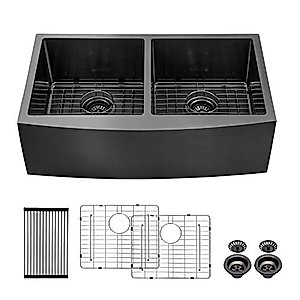 33 inch Black Farmhouse Sink- GhomeG 33"x 21" Kitchen Sink Stainless Steel 16 Gauge Double Bowl 50/50 Apron-Front Farm Sink Basin