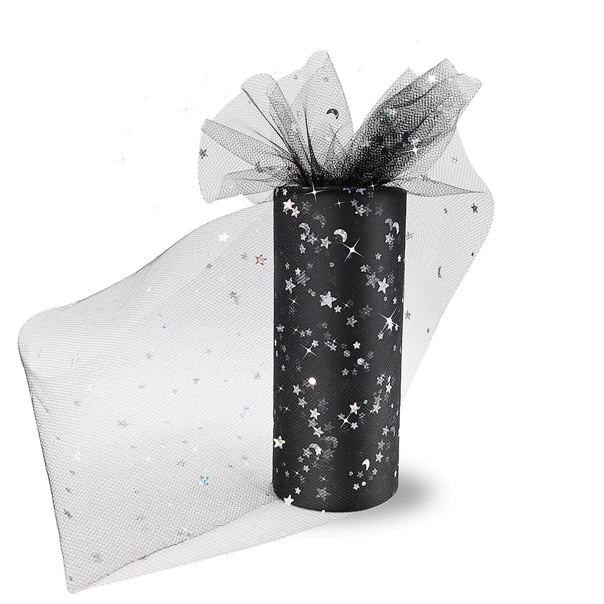 Aohcae Black Glitter Tulle Rolls 6" x 25 Yards Sparkle Tulle Fabric for DIY Gift Wrapping Wedding Baby Shower Tutu Birthday Party Decorations