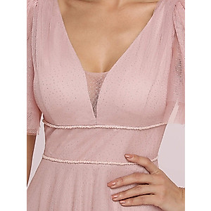Ever-Pretty Women's Illusion V Neck Short Flare Sleeve Tulle Bridesmaid Dress Pink US4