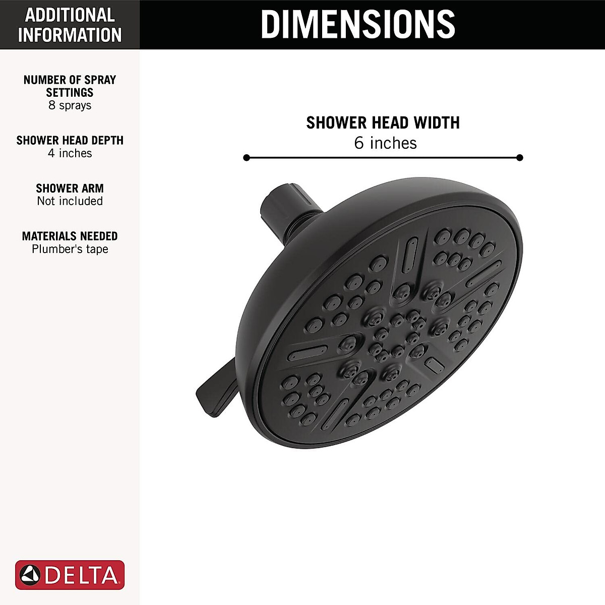 Delta Faucet 8-Spray Touch-Clean Matte Black Shower Head, Delta Shower Heads, Showerhead, Shower Head Black, 2.5 GPM Water Flow, Matte Black 75898BL