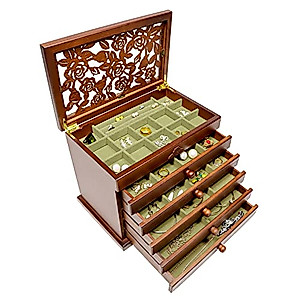 Wood Jewelry Box for Women - Real Wooden Jewelry Holder Organizer Box with Rose Leaf Patterns, Mothers Day Gifts, Jewelry Boxes for Storage Earrings Rings Necklace Bracelet, Ideal Gift for Women's Day