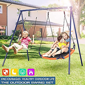 Swing Sets for Backyard - Outdoor Swing Set for Kids Adults with Heavy Duty Metal A-Frame Stand, Adjustable Platform Saucer Swing Seat and Belt Swing Seat Playground Playset Holds 440 lbs Blue