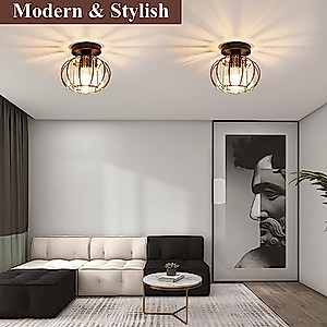 IBBIBABO 2-Pack Industrial Semi Flush Mount Ceiling Light Fixtures, Black Modern Crystal Ceiling Lights, Farmhouse Ceiling Lamps for Bedroom Living Room Hallway Entryway Kitchen Bathroom, E26 Socket