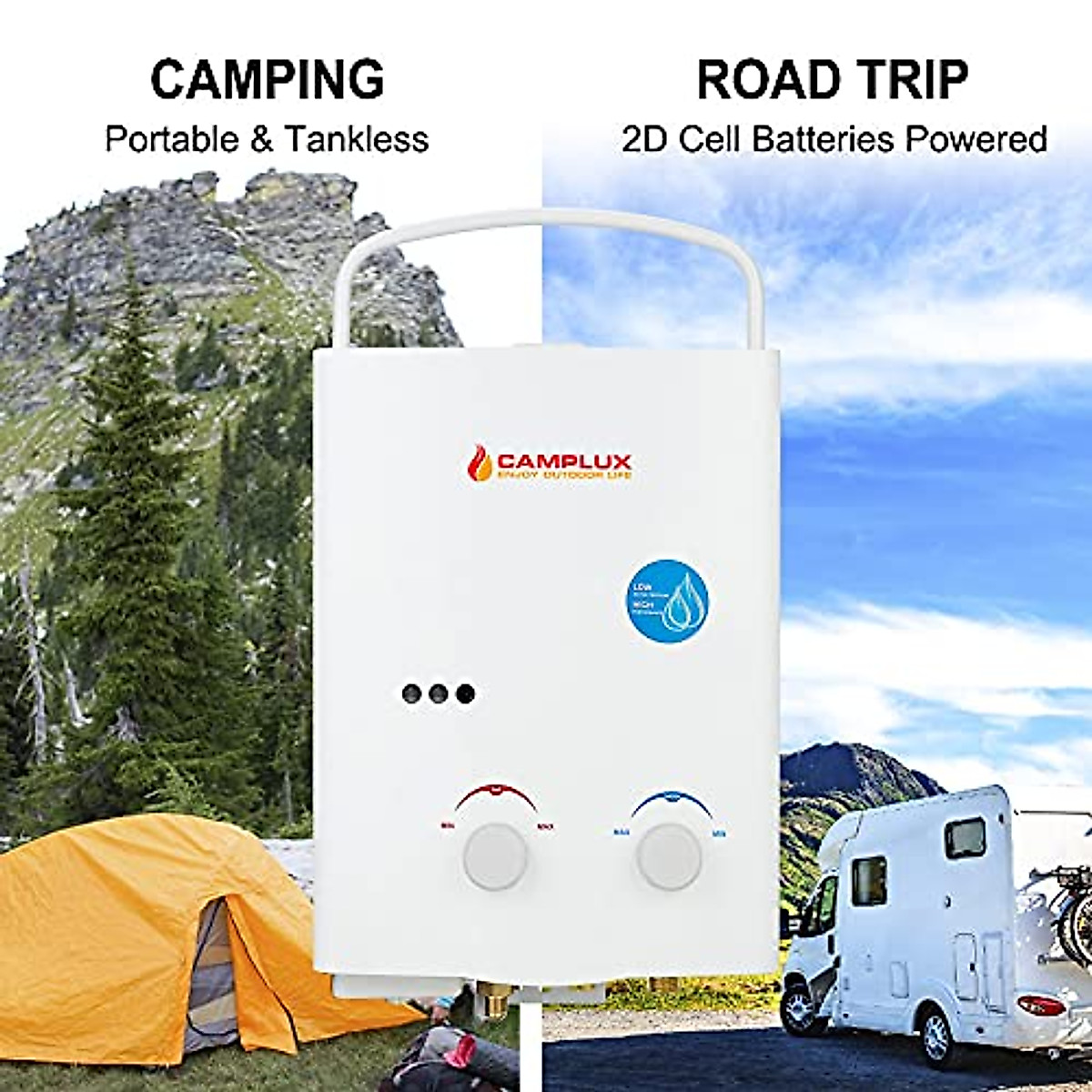 Camplux 5L Outdoor Portable Water Heater, 1.32 GPM Tankless Propane Gas Water Heater for RV, Camping, Barns, White