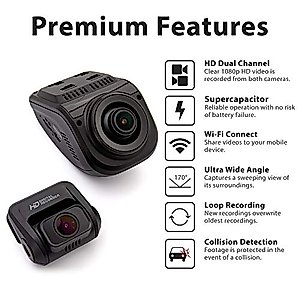Rexing V1P 3rd Generation Dual 1080p Full HD Front and Rear 170 Degree Wide Angle Wi-Fi Car Dash Cam with Supercapacitor, 2.4" LCD Screen, G-Sensor, Loop Recording, Mobile App