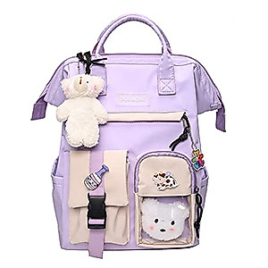 CM C&M WODRO Kawaii Backpack for Girls Women with Pin Bear Accessories Cute College High School Backpack Laptop Bookbag Purple