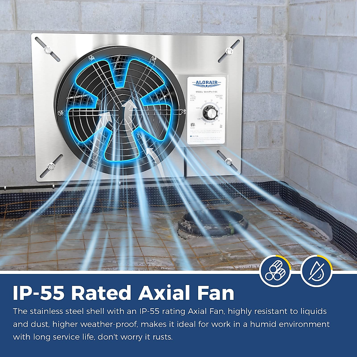 ALORAIR Stainless Steel Crawl Space Vent Fan, 540 CFM Air Out Ventilation Fan with Humidistat Dehumidistat, IP55 Rated Exhaust Fan with Isolation Mesh for Crawlspace Foundation Basements Garage Attic