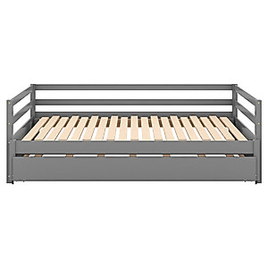 Merax Modern Extending Daybed with 2 Pop Up Trundle Beds Twin to King Wood Sofa Day Bed with Headboard No Box Spring Needed Grey