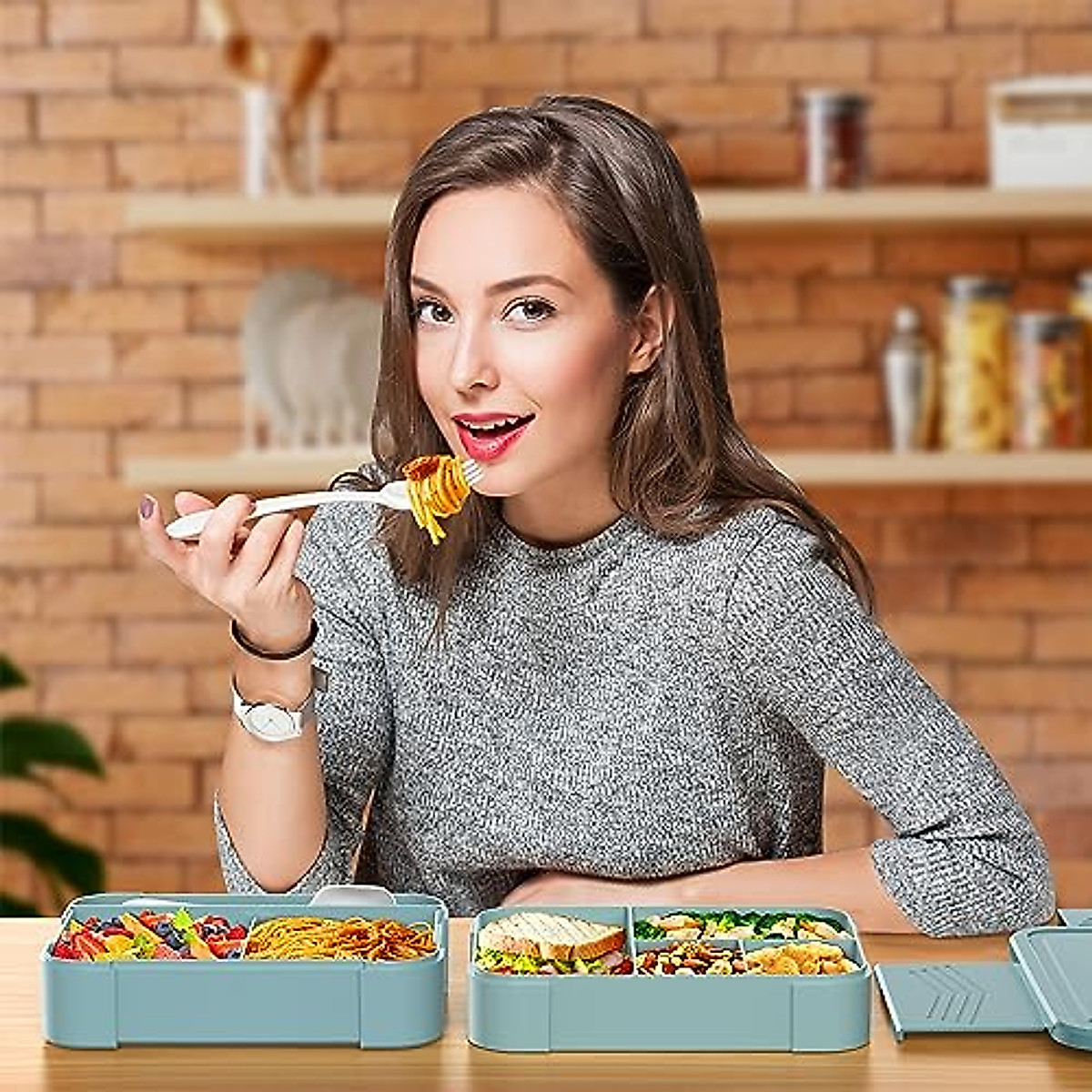 Lunch Bento Box for Kids, Stackable Bento Lunch Containers for Adults 50oz Leakproof Lunchbox with 7 Compartments Built-in Utensil Set for Kids Back to School,On-the-Go Meal and Snack Packing-Blue