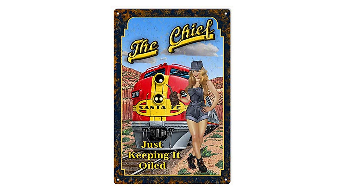 Vintage Railroad Pinup Girl Metal Sign - 8x12 Inch