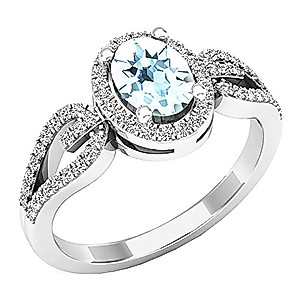 Dazzlingrock Collection Sterling Silver 7X5 MM Oval Aquamarine & Round White Diamond Bridal Halo Engagement Ring, Size 9