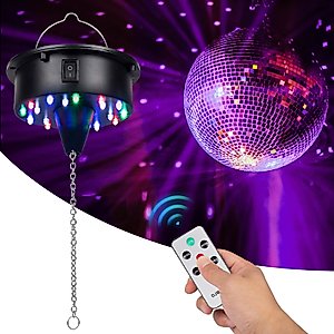DJBoomy Rotating Disco Ball Motor Light with Remote: 3-Speed Adjustable Mirror Ball Spinner Plug in or Battery Operated - 18RGBW Led Light Up 4 6 8 12 inch Party Disco Balls Rotator