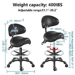 Coczeb Saddle Stool with Back Support Ergonomic Seat Hydraulic Adjustable with Footrest for Home Office Dental Tattoo Salon Shop Use