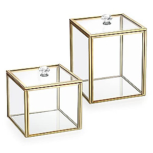 Hipiwe 2 Pack Glass Qtip Holder Dispenser With Lid Gold Bathroom Containers for Cotton Balls Makeup Sponges Bath Salts Candles Vanity Canisters Countertop Storage Organizer Jar
