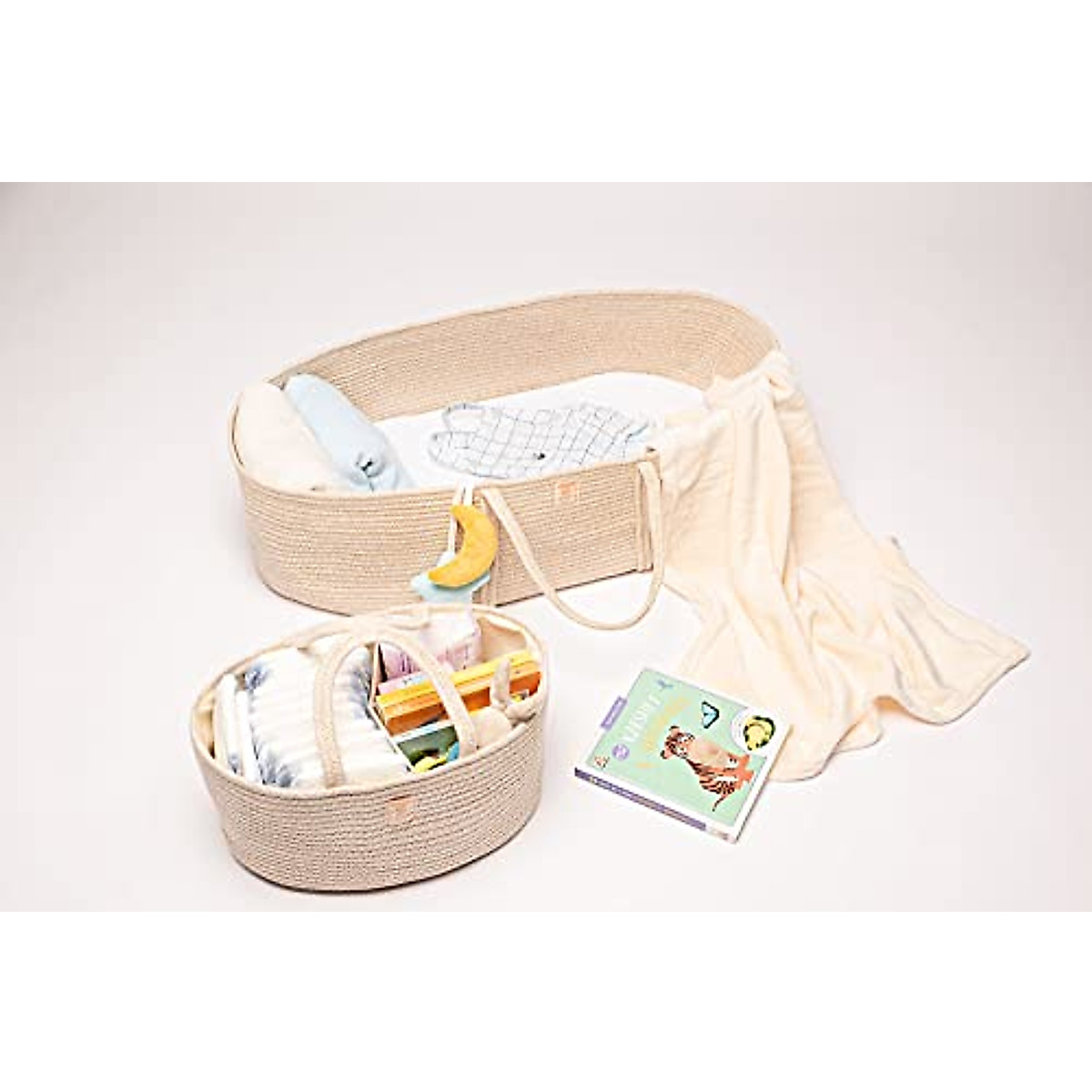 Trendy Baby Changing Basket- Moses Basket Set Of 4 Pieces, Waterproof Pad Cover, Caddy Diaper Organizer,Cotton Blanket - Boho Basket - Nursery Decor - Bassinet Changing Table Topper, Baby lounger