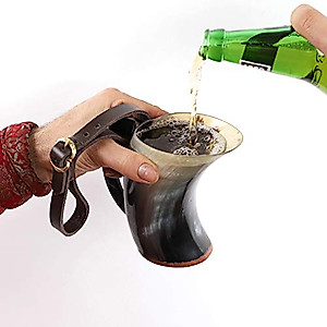 Mythrojan Hot Horn Mug Tankard with Leather Strap Safely Holds Hot and Cold Liquids Coffee Hot Chocolate Wine Beer Mead 300ML
