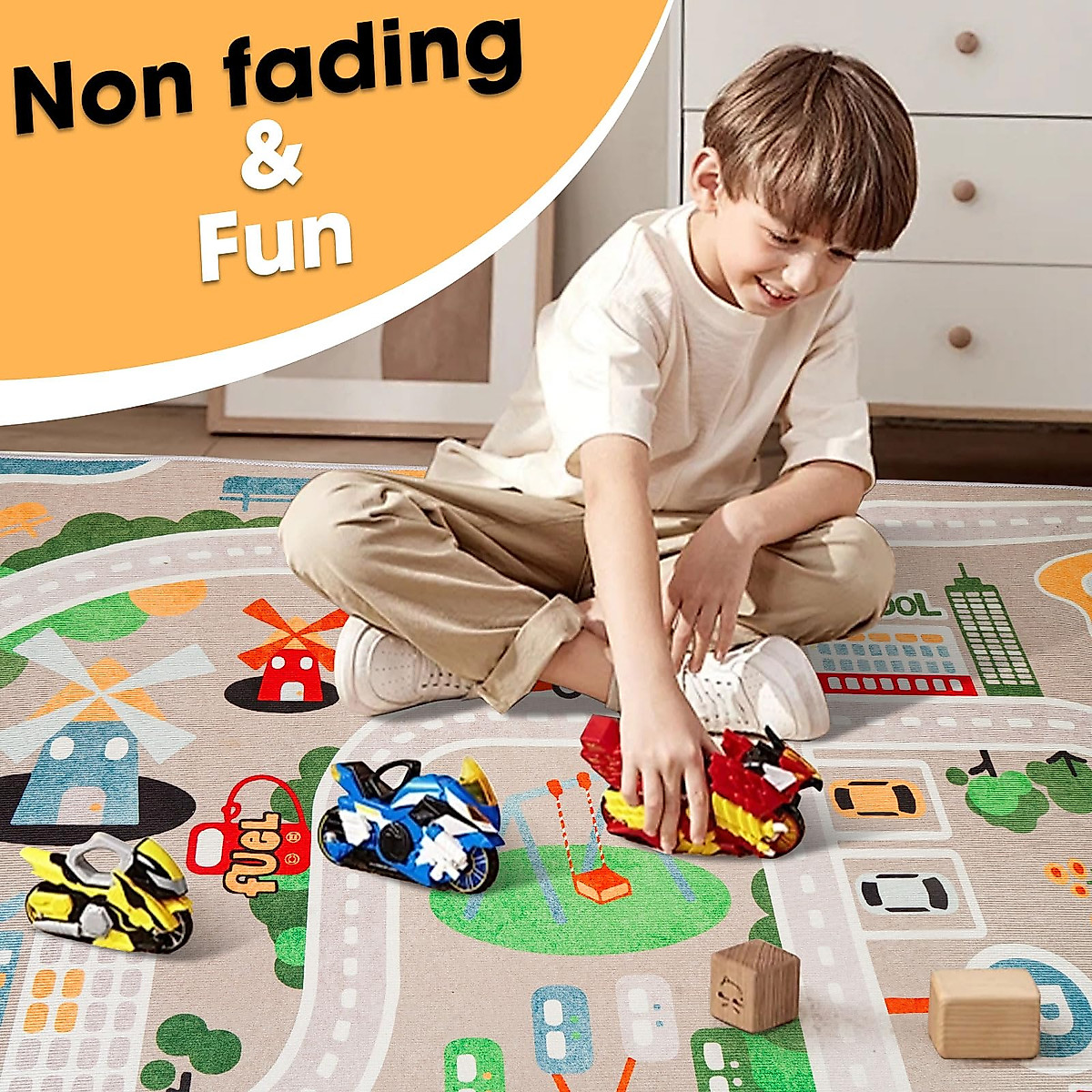 IKITOT Kid Rug Carpet Playmat for Toy Cars and Train，Play Area Rug with Rubber Backing，Fun Throw Rug，Ideal Gift for Children Baby Bedroom Play Room(80×120cm/32×47in)