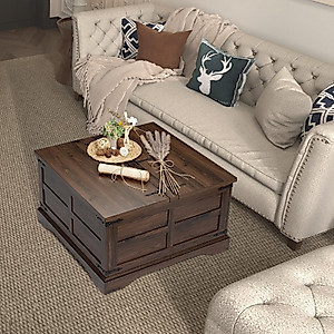 Wnutrees Farmhouse Coffee Table with Hinged Lift Top and Large Hidden Storage Compartment, Rustic Square Wood Central Table for Living Room, Bedroom, Home Office,Walnut