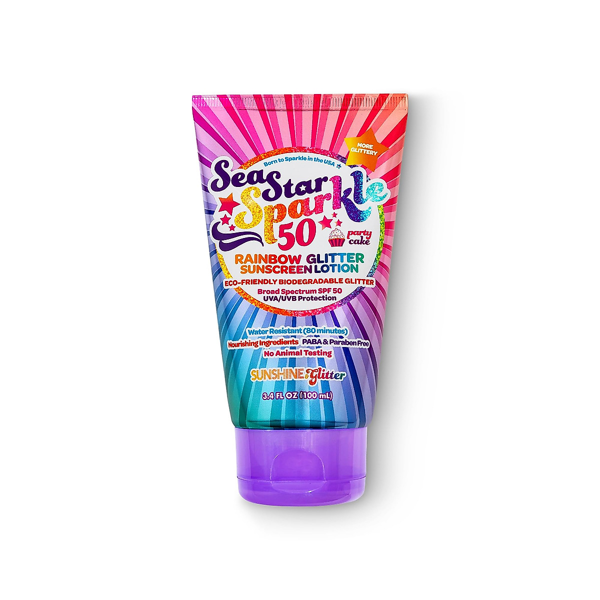 Seastar Sparkle - Rainbow Party Cake Scented Glitter Sunscreen - SPF 50 - Biodegradable Sunscreen, Kids, Water Resistant, Glitter lotion, Cruelty Free, Kids Lotion, Made in USA, 3.4oz