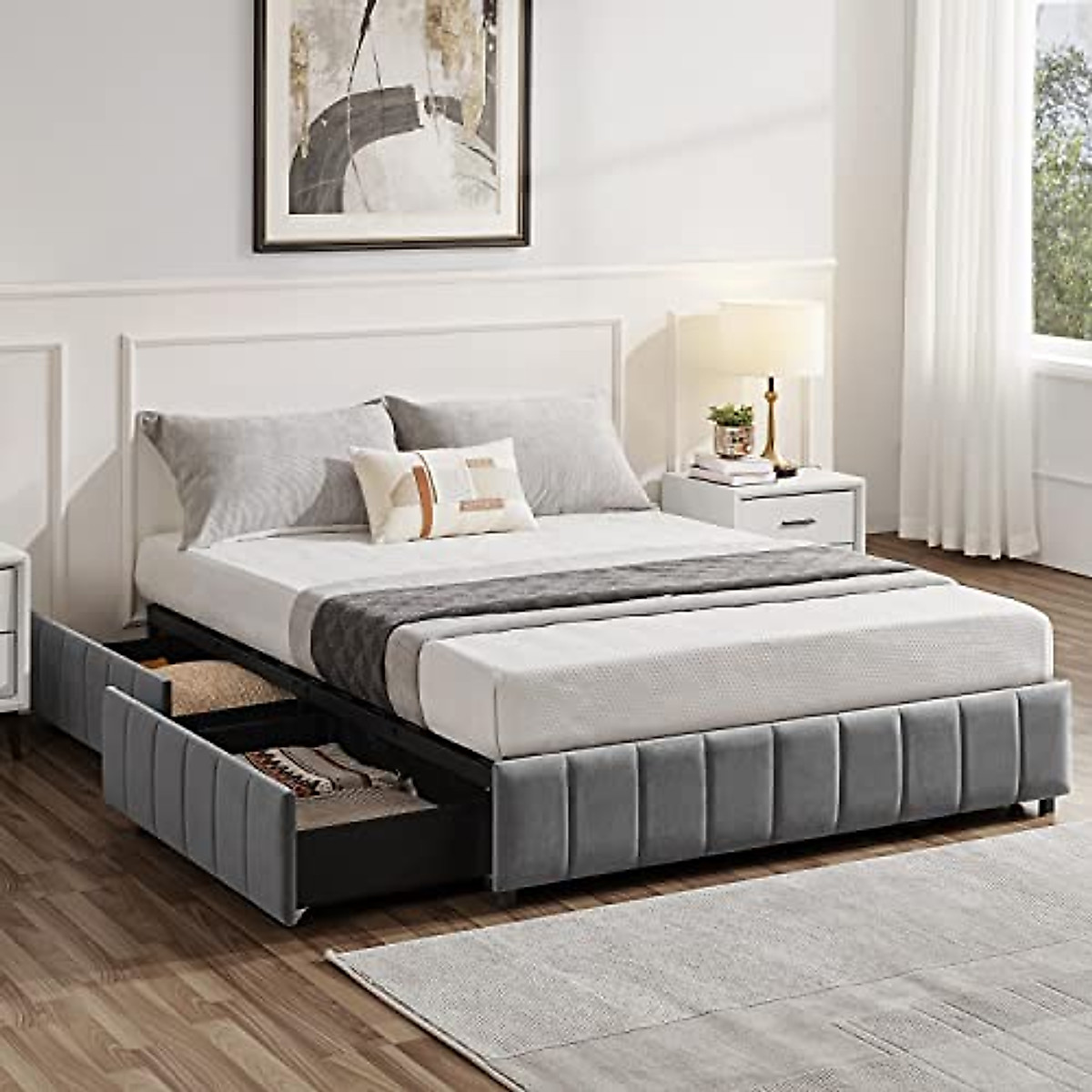 Yaheetech Platform Bed Frame with 4 Storage Drawers, Upholstered Bed Frame with Strong Wooden Slats/Mattress Foundation/No Fixed Headboard/No Box Spring Needed/Large Storage Space,Dark Grey-Full