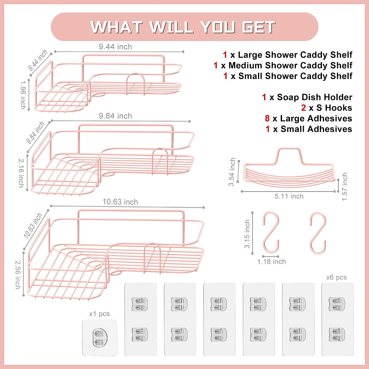 Corner Shower Caddy,4-Pack Adhesive Shower Organizer with Soap Holder,No Drilling Shower Shelves Stainless Steel Rustproof Shower Rack for Bathroom, Kitchen Storage,Pink