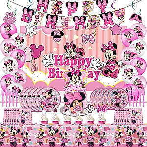 Minnie Birthday Party Supplies, Minnie Birthday Party Balloon Decorations Theme, Include Happy Birthday Banner, Hanging Swirl, Backdrop, Cake & Cupcake Topper, Tablecloth, Birthday Party For Kids
