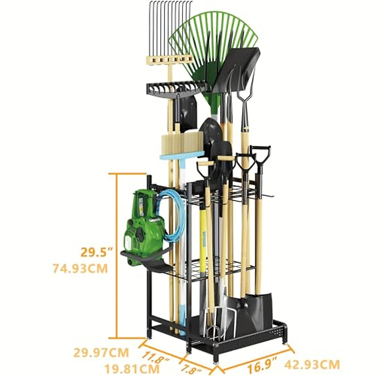 Heavy-Duty Tool Organizer Rack - Spacious Storage for Long-Handled Gardening Tools, Hooks, and Accessories - Durable Metal Construction, Sturdy, Black, Ideal for Garage and Utility Storage