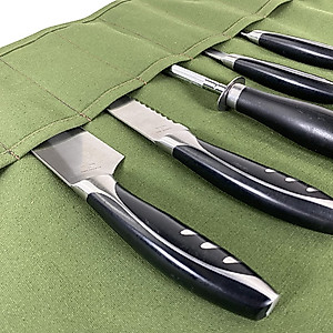 Cast Leather Co., Knife Roll Bag with Detachable Shoulder Strap, Portable Storage for Specialty Knives with 10 Pockets, Protect Sharp Cooking Items, Water Resistant Canvas, Olive