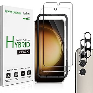 amFilm [2+2 Pack Hybrid Film Screen Protector for Samsung Galaxy S23+/S23 Plus 6.6 Inch [100% Fingerprint ID Compatible] with Tempered Glass Camera Lens Protector and Easy Installation Tray.