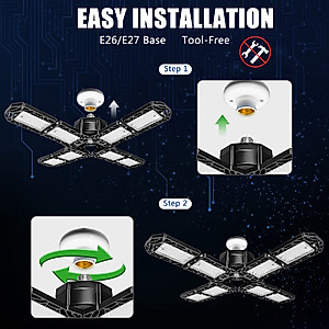 Garage Led Lights 2 Pack, 100W Super Bright LED Garage Lighting, 15000LM, 6500K LED Garage Ceiling Lights with E26/E27 Base, Easy Installation, 8-Leaf Deformable Lights for Garage, Workshop, Warehouse