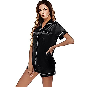 Mannice Women's Silk Satin Pajama Set Summer Short Sleeve Sleepwear Button Down PJs Black