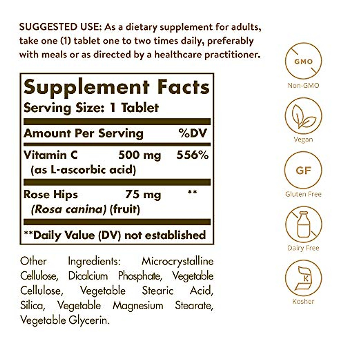 Solgar Vitamin C 500 mg with Rose Hips, 250 Tablets - Antioxidant & Immune Support - Overall Health - Supports Healthy Skin & Joints - Non GMO, Vegan, Gluten Free, Dairy Free, Kosher - 250 Servings