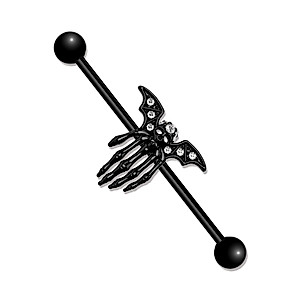 COCHARM Black Bat Skeleton Industrial Earrings 14g Hallween Skull Hand Industrial Piercing Jewelry Surgical Steel Industrail Bar Piercing