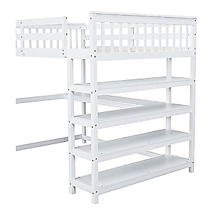 BOVZA Wood Loft Bed with Desk and Shelves, Full Size Loft Bed with Storage Shelves and Under-Bed Desk, Bed Frame for Kids Teens Adult, White