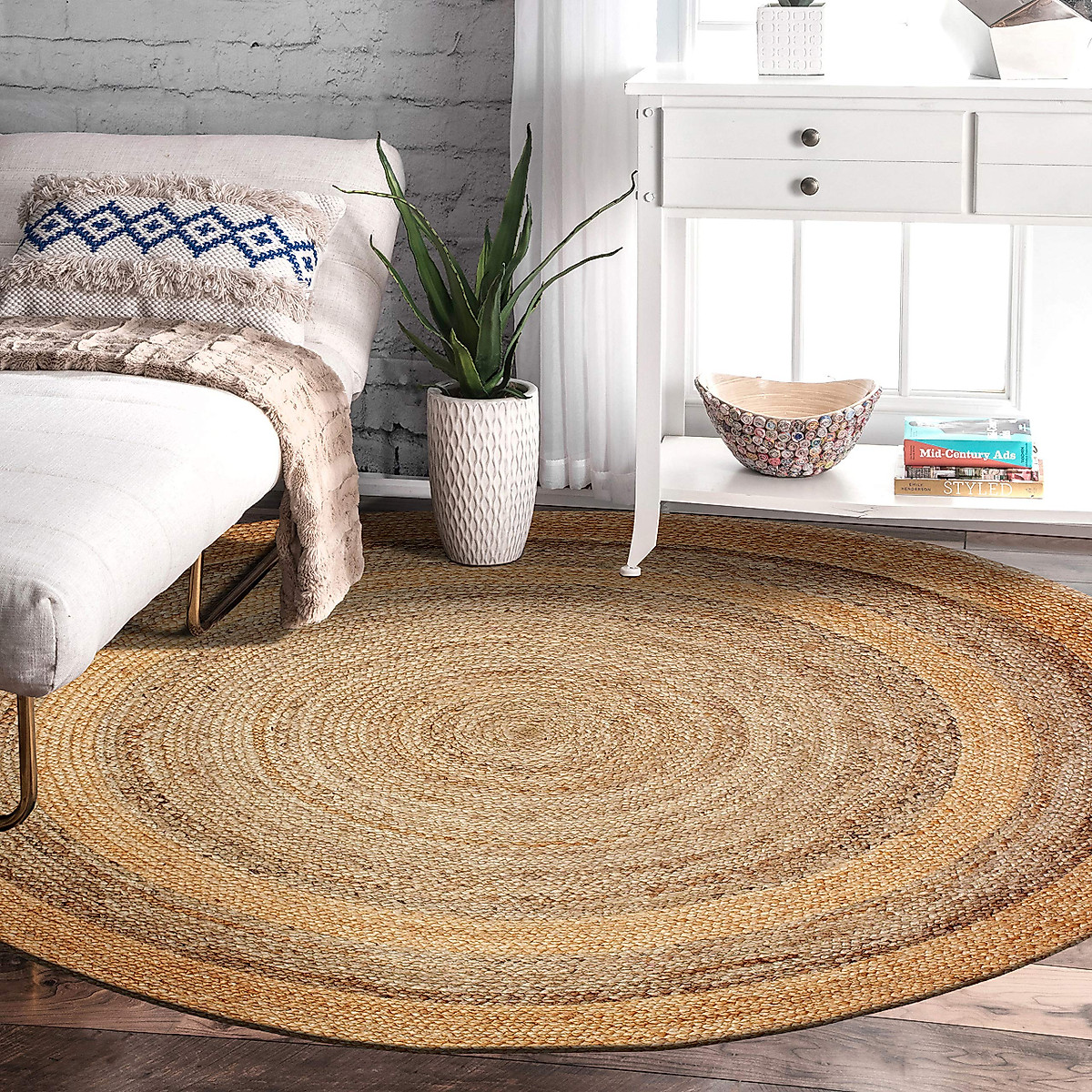 LR Resources Jute LR12032-NGY40RD Natural/Gray Round X 4 ft Indoor Area Rug, 4' x 4'