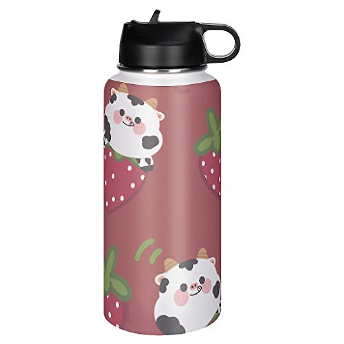 EmroyouYi Strawberry Cow Stainless Steel Sports Water Bottle with Straw Lid Insulated Thermo Mug Gifts for Friends white 32oz