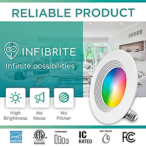 INFIBRITE 4 Inch Smart Recessed Light, Color Changing and Tunable White, WiFi Retrofit LED Downlight E26 Base, No Hub, Works with Alexa and Google, Dimmable, 810LM, CRI90, RGBCW, Wet Rated (12 Pack)