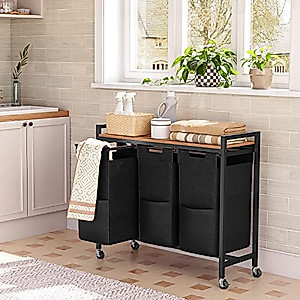 HOOBRO Laundry Hamper, Laundry Sorter 3 Section, Laundry Basket with Wheels, 3 × 10.5 Gal (39.8L), Rolling Cart, Pull-Out and Removable Oxford Fabric Laundry Bags, Rustic Brown and Black BF38XY01G1